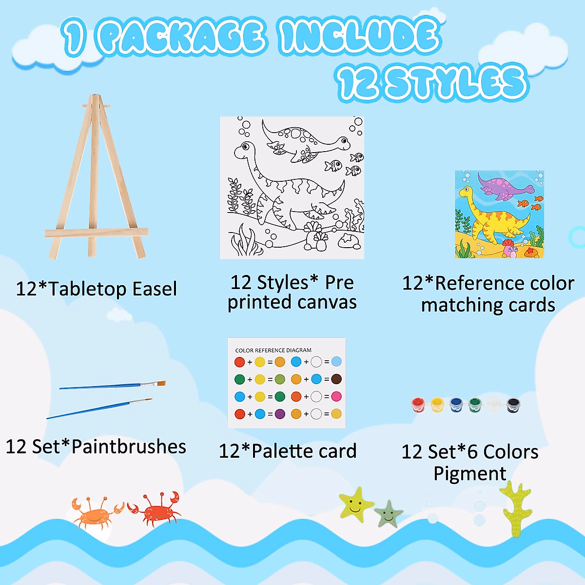 Tenceur 12 Sets Pre Drawn Canvas to Paint Paint Your Own Designer Canvas Set Coloring Painting Canvas Panels Pre Stenciled Canvas Boards with Paints and Brushes for Kid Adult(Cute Style)