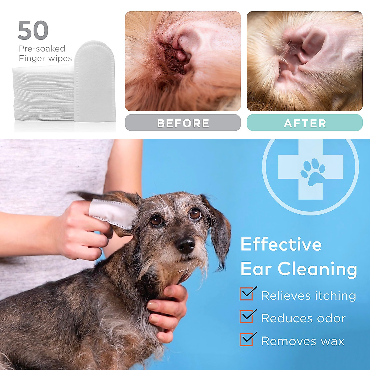 ARCA PET Dog Ear Cleaner Wipes - Vet Formulated Cleanser for Dogs - Ear Itching, Dissolves Wax, Dirt & Odor with Coconut Oil & Aloe Vera (50 Finger Wipes)