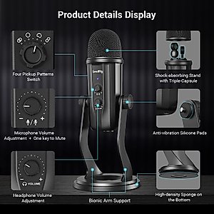 SmallRig U60 All Metal USB Microphone PC Streaming Microphone, Gaming Mic for PC,PS5 & Mac, 4 Pickup Patterns, Shock Mount and Adjustable Stand, Gain Control for Recording, Plug and Play, Black - 3466