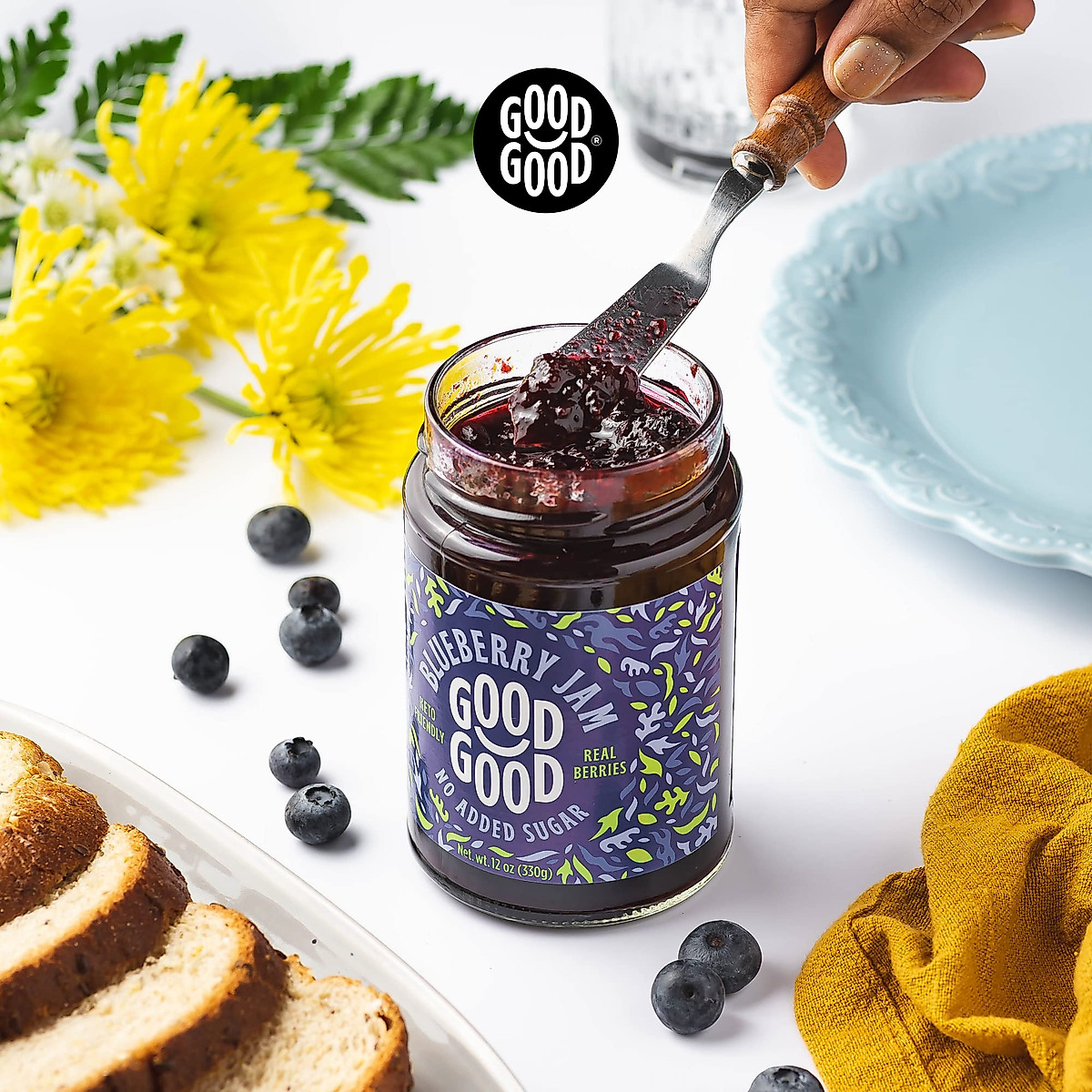 Good Good No Added Sugar Blueberry Jam - Keto Friendly Jelly - Low Carb, Low-Calorie and Vegan - Diabetic Friendly - 12oz / 330g (Pack of 2)