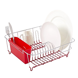 Sweet Home Collection Metal 2 Piece Dish Drying Rack Set Drainer with Utensil Holder Simple Easy to Use Fits in Most Sinks, 14.5" x 13" x 5.25", Red