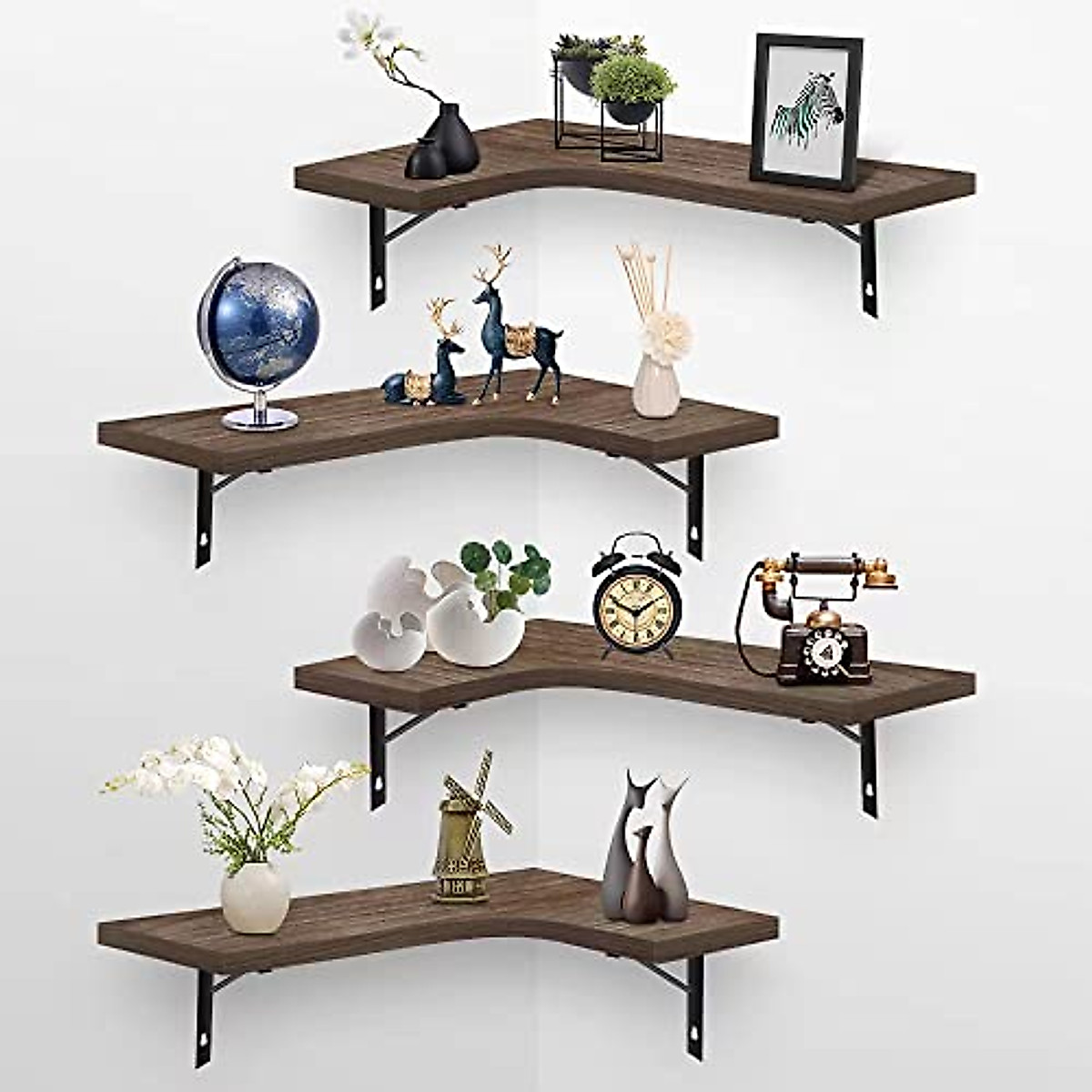 Corner Floating Shelves Set of 4, Rustic Corner Shelf Wall Mounted Organizer Displays Storage Rack, Wood Wall Shelf for Bedroom Kitchen Living Room Bathroom Office