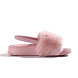 FITORY Girls Sandals Toddler, Faux Fur Slides with Elastic Back Strap Flats Shoes for Kids