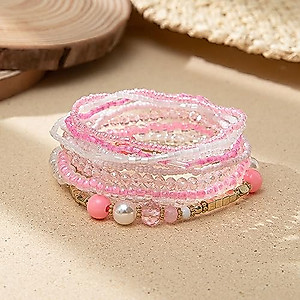 Handmade Multicolor Bohemian Crystal Beaded Bracelets Set Multilayer Stackable Boho Charms Stretch Layered Bead Adjustable Bangles Strand Jewelry for Women Girls-pink
