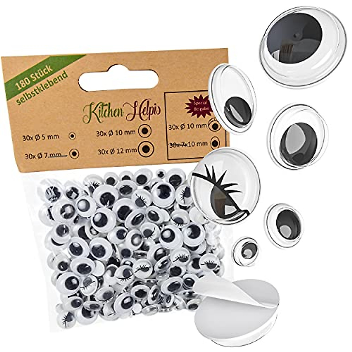 Kitchen Helpis® Funny Google Eyes self Adhesive for handicrafts, 180 Pieces Wiggly Eyes, Googley Eyes Adhesive Large and Small, Stick on Eyes Stickers Mix, Wiggly Eyes self-Adhesive, googleeyes Craft