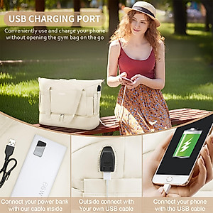 Gym Bag for Women, Sports Travel Duffel Bag with USB Charging Port, Weekender Overnight Bag with Wet Pocket and Shoes Compartment for Women Girls Travel, Gym, Yoga, School (Off White)