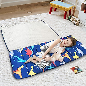 smttw Nap Mat with Removable Pillow & Fleece Blanket, Extra Long Toddler Nap Mats for Daycare-Measures 55 x 23 x 2 Inches, Kids Sleeping Mat Toddler Sleeping Bag,Dinosaur