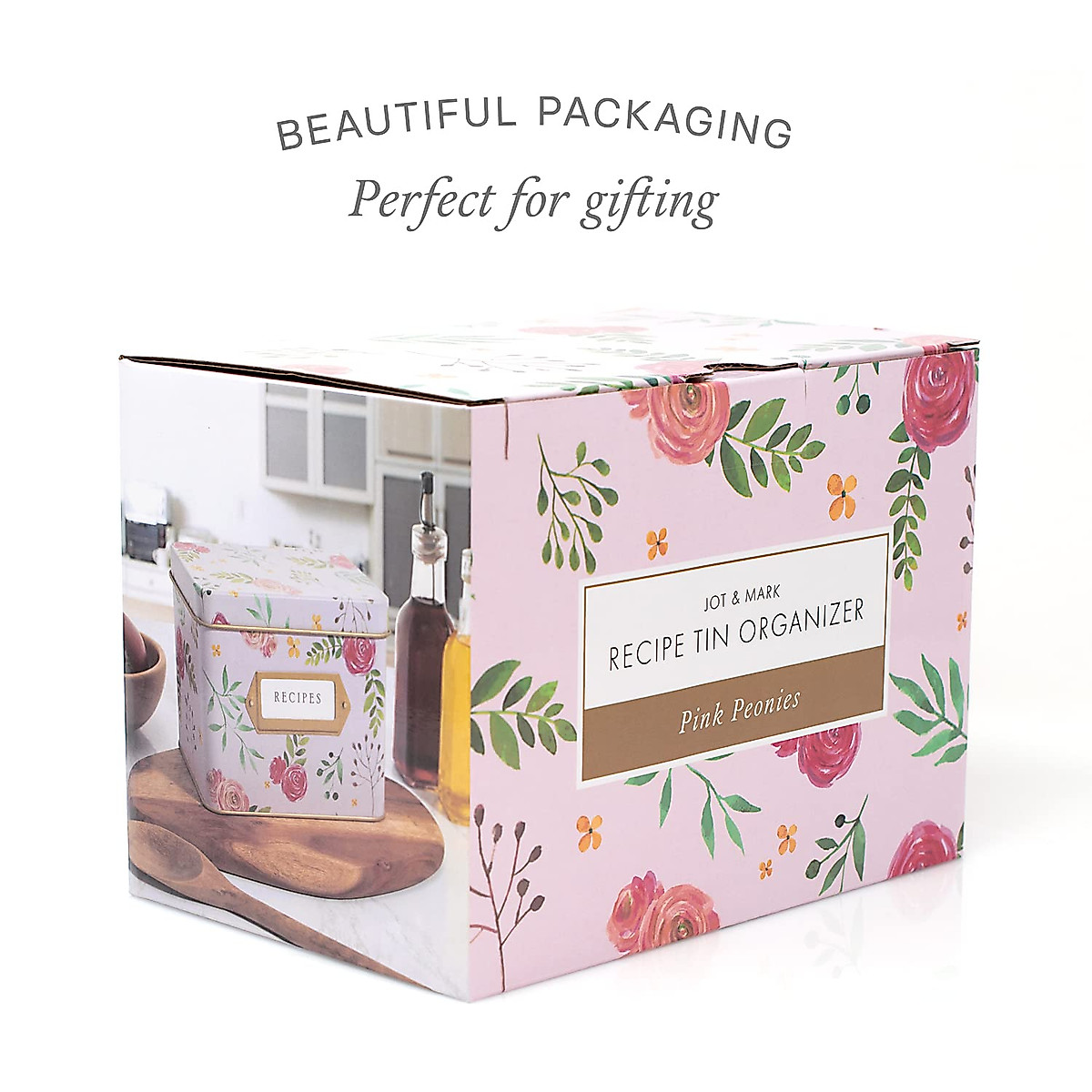 Jot & Mark Decorative Recipe Tin Box for Recipe Cards, Greeting Card Holder | Holds Hundreds of 4” x 6” Cards (Pink Peonies)