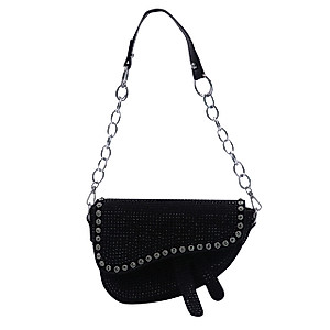 Women Sparkly Rhinestone Saddle Bag Fashion Underarm Shoulder Handbag Evening Clutch Purse with Chain