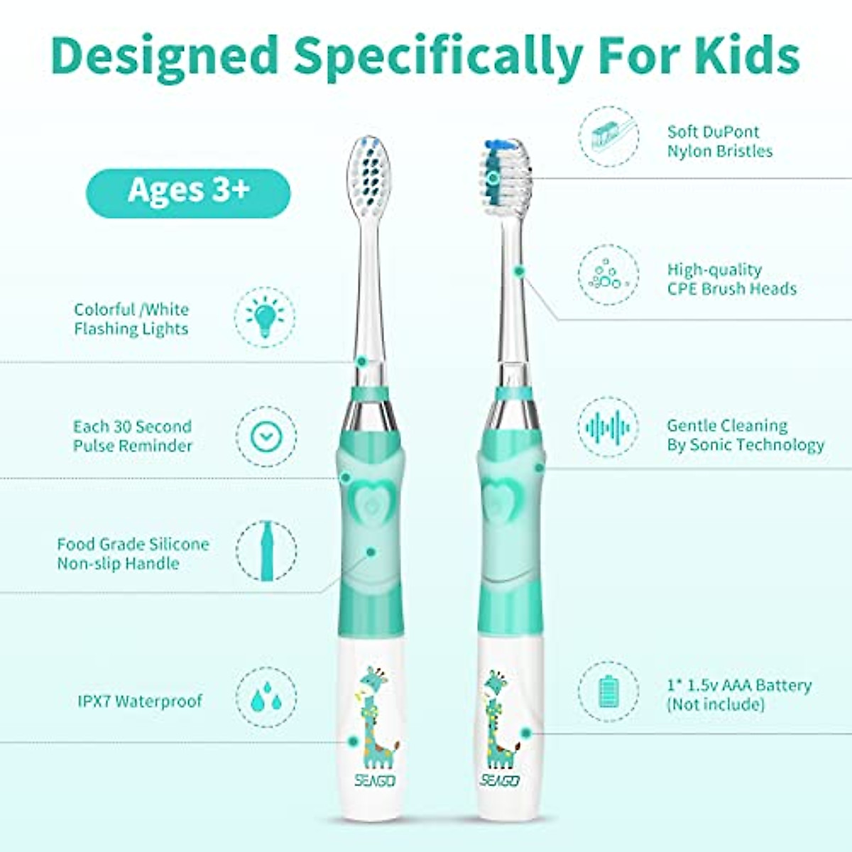 SEAGO Electric Toothbrush Children from 3-12 Years Kids Toothbrushes Electric with Colored Light Smart Timer 3 Soft Brush Heads Waterproof Baby Sonic Toothbrush for Girls Boys SG-977 (Green)