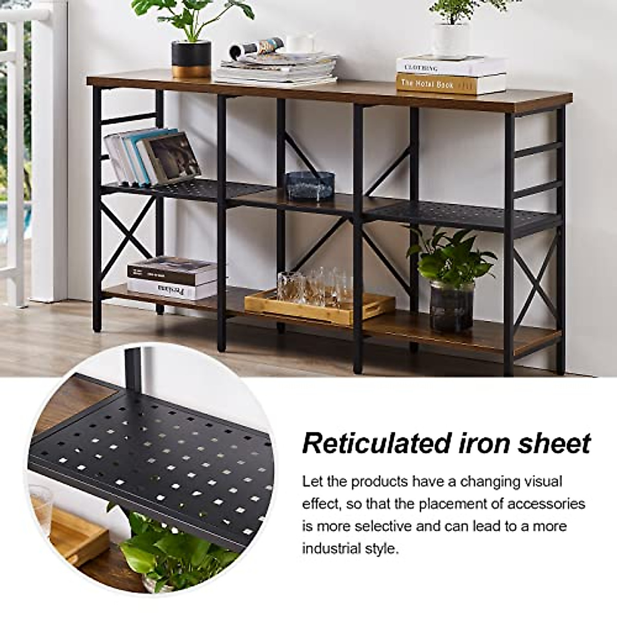 HOMISSUE 3-Tier Console Sofa Table, Industrial Vintage 60-Inch Long Entryway Table with Open Storage Shelf for Living Room, Hallway, Brown