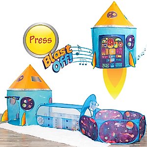 W&O Rocket Ship Play Tent with Tunnel, Ball Pit and Blast Off Button - Inspire Creative Play for Kids - Perfect for Indoor & Outdoor Adventures