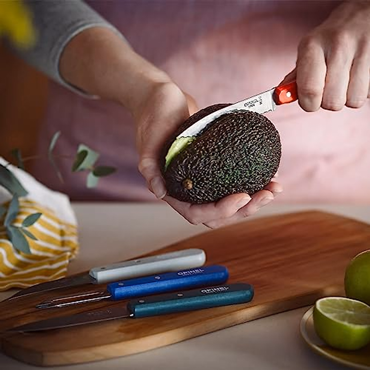 Opinel Les Essentials Small Kitchen 4 Piece Knife Set - Paring Knife, Serrated Knife, Peeler, Vegetable Knife, Corrosion Resistant High Carbon Steel, Made in France (Primavera)