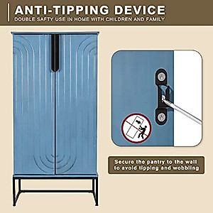 HOLTICO 46.5'' Accent Wood Grain Kitchen Pantry with Doors, Storage Cabinet with Adjustable Shelves, Food Pantry Cabinet for Kitchen, Dining Room, Living Room and Garage, Metal Legs,Blue