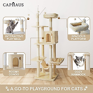 CAPHAUS 70-Inch Activity Tree with Hammock, Multi-Level Modern Cat Climbing Play Tower w Tall Top Perch, Cat Cave Condo, Indoor Cat Treew Cute Scratching Posts for Large Cats Kittens