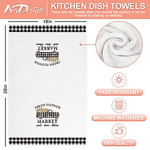 AnyDesign Spring Kitchen Towels Watercolor Farmhouse Floral Dish Towel Rustic White Black Buffalo Plaids Hand Drying Tea Towel for Cooking Baking Cleaning Wipes, Set of 4, 18 x 28 Inch
