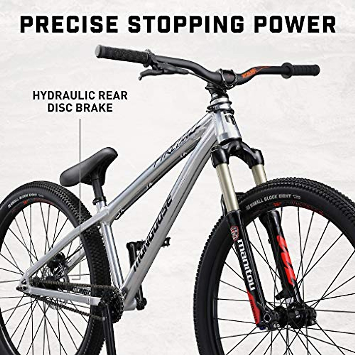 Mongoose Fireball Dirt Jump Mountain Bike, 26-Inch Wheels, Mechanical Disc Brakes, Chrome