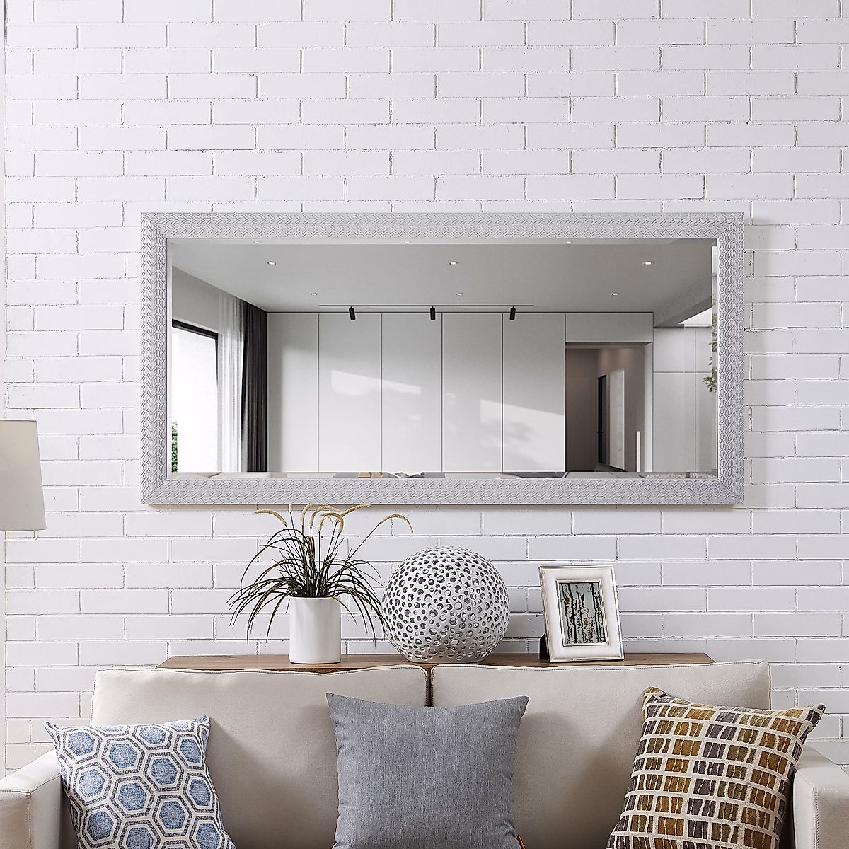 Naomi Home Samantha Woven Floor Mirror Full Length Mirror Standing Large Rectangle Full Body Long Mirrors for Bedroom Dressing Room Silver 66 L x 32 W