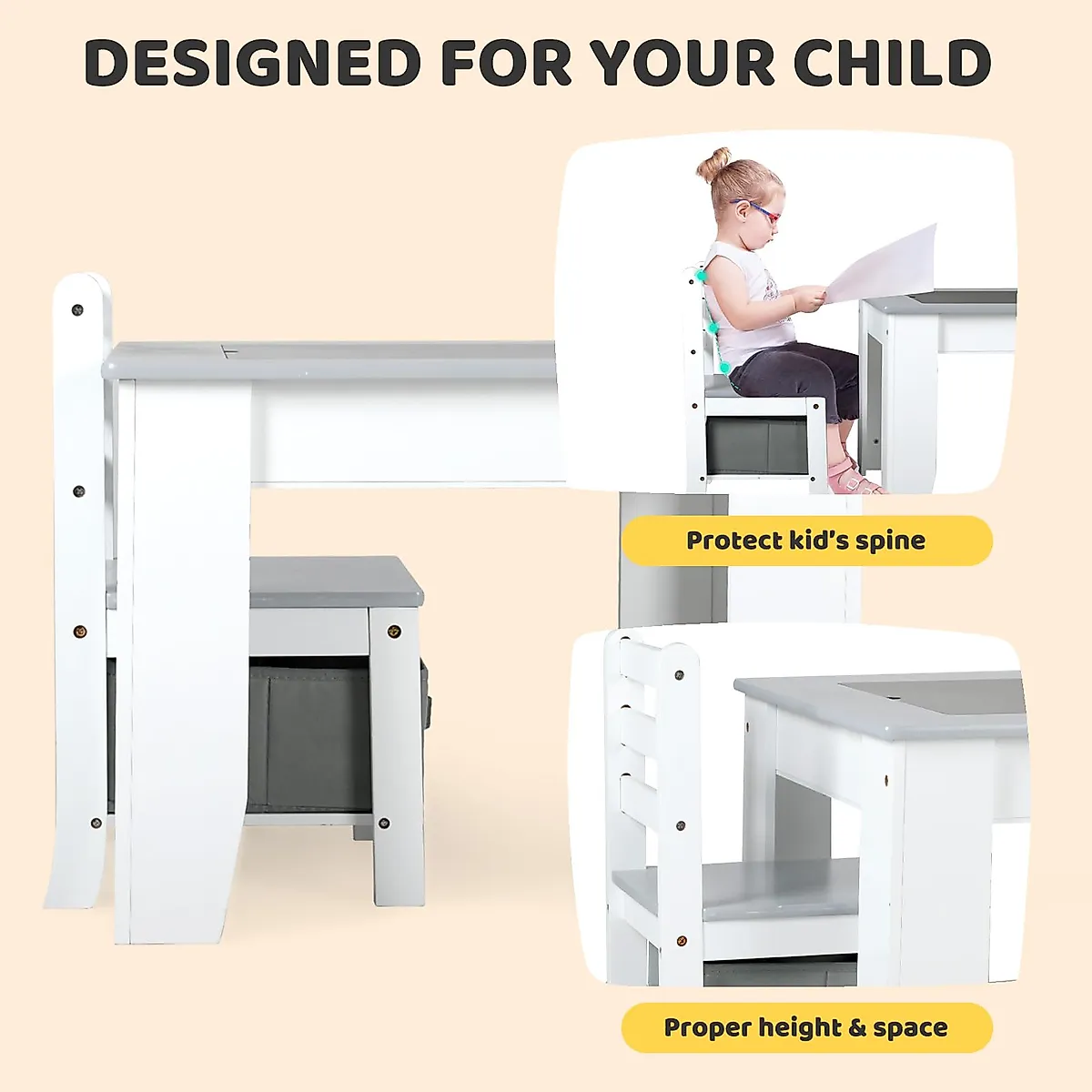 Kinder King Kids Wood Table & 2 Chairs Set, 3 in 1 Children Activity Table w/Storage, Removable Tabletop, Blackboard, 3-Piece Toddler Furniture Set for Art, Crafts, Drawing, Reading, Grey& White…