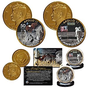 Apollo 11 50th Anniversary 1st Man on Moon JFK 100 Bday 24K Gold Clad 2-Coin Set
