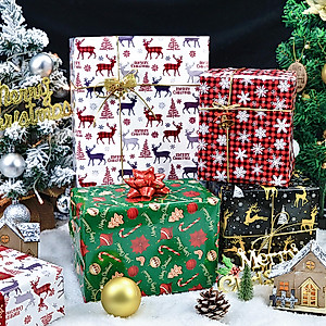 Christmas Wrapping Paper for Women Men Boys Girls,12Pcs Xmas Gift Wrapping Paper with Reindeer, Christmas Tree, Snowflakes, "Merry Christmas" Words, Candy Canes, Bells, Holiday Gift Wrap 20×29 Inch