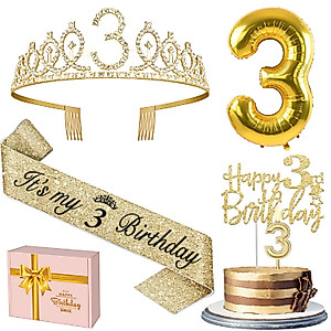 3rd Birthday Decorations for Girls, Including 3rd Birthday Sash and Tiara, Cake Topper and Candle 3, Number 3 Balloon Gold, 3 Birthday Gifts for Girls, 3 Birthday Party Decorations (Gold)