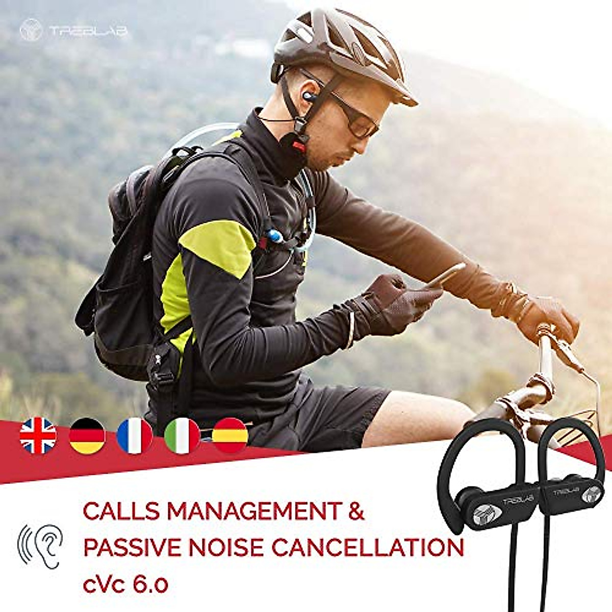 TREBLAB XR500 Bluetooth Headphones, Best Wireless Earbuds for Sports, Running Gym Workout. IPX7 Water Resistant, Sweatproof, Secure-Fit Headset. Noise Cancelling Earphones w/Mic