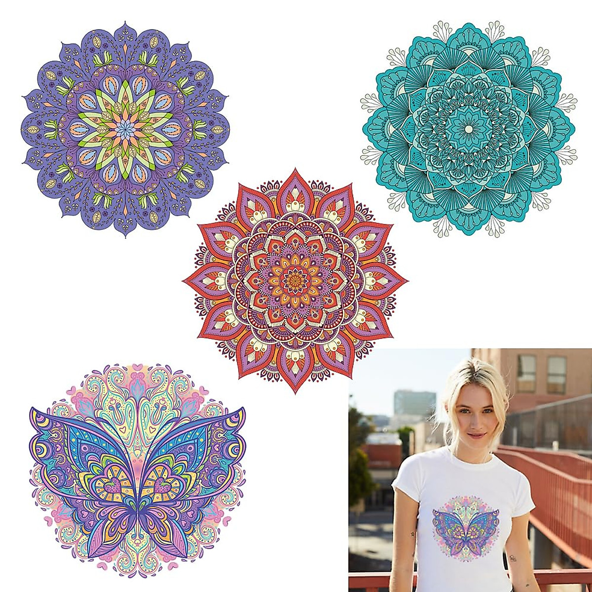 4 Packs Mandala Flowers Iron on Transfer Patches for Clothing Retro Mandala Butterfly Design Heat Transfer Vinyl Decals Washable Iron on Stickers for T-Shirts Jackets Backpacks DIY Decor Supplies