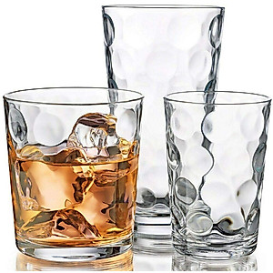 Attractive Durable Drinking Glasses, Set of 16 Clear Glass Cups, 8 Highball Glasses (16oz) 8 Rocks Glasses (13oz), Bubble Design Glassware Set for Water, Juice, Beer, Wine, and Cocktails