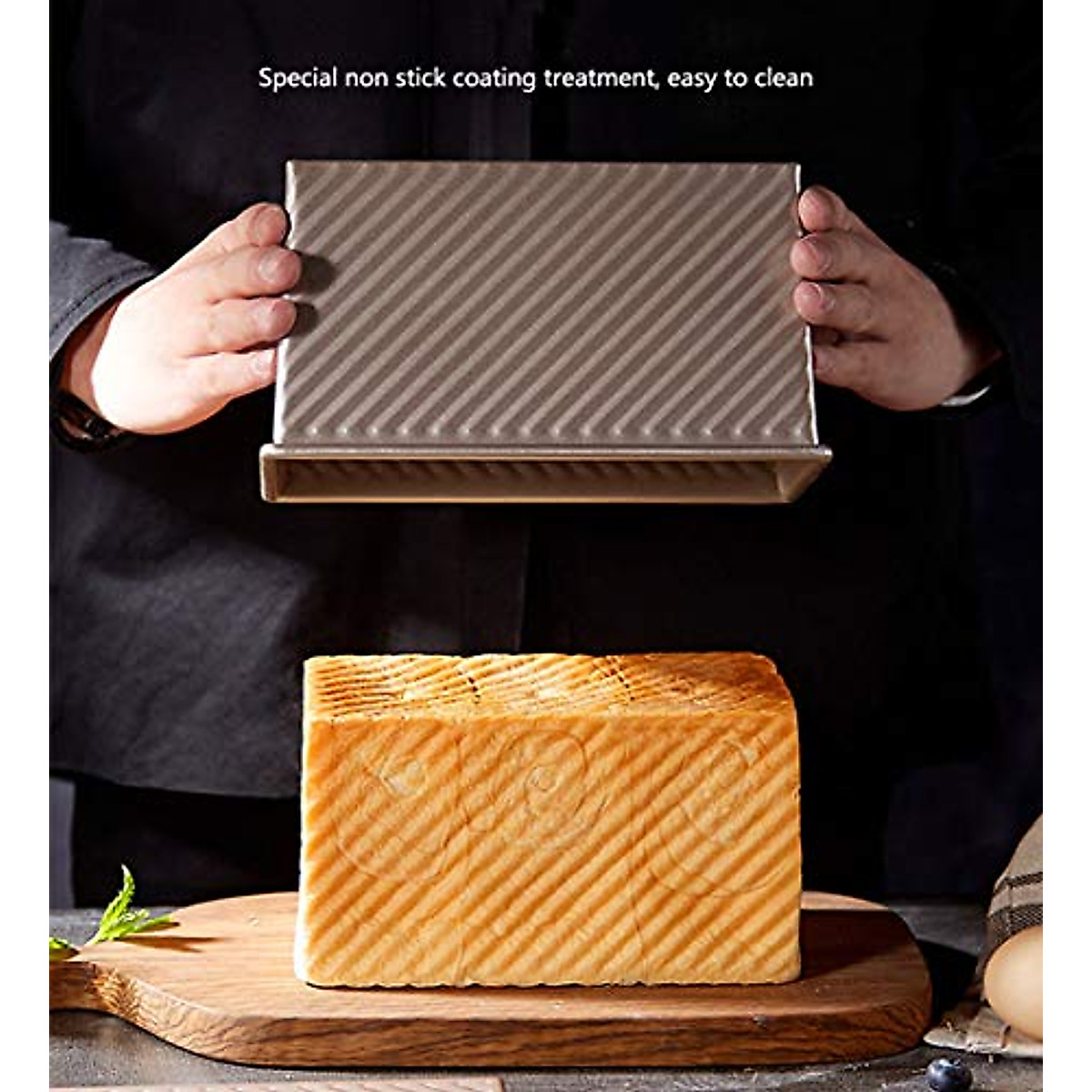 Cayanmydery Pullman Loaf Pan with Lid, Non-Stick Bakeware Carbon Steel Bread Toast Box Mold with Cover for Baking Bread, 1 lb Dough Capacity, Golden Corrugated Bread Box