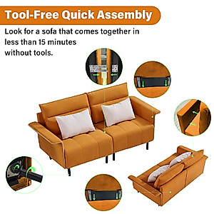 72” Velvet Loveseat Sofa, Mid Century Modern Decor Love Seat Couches for Living Room, Solid and Easy to Install Small Couch for Bedroom with Two Pillows (Orange)