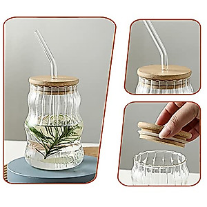 KWQBHW 2 Pack Drinking Glasses with Bamboo Lids and Glass Straw 17oz Creative Ripple Bobo Cup New Glass Tumbler Cups for Iced Coffee Soda Beer Juice Tea