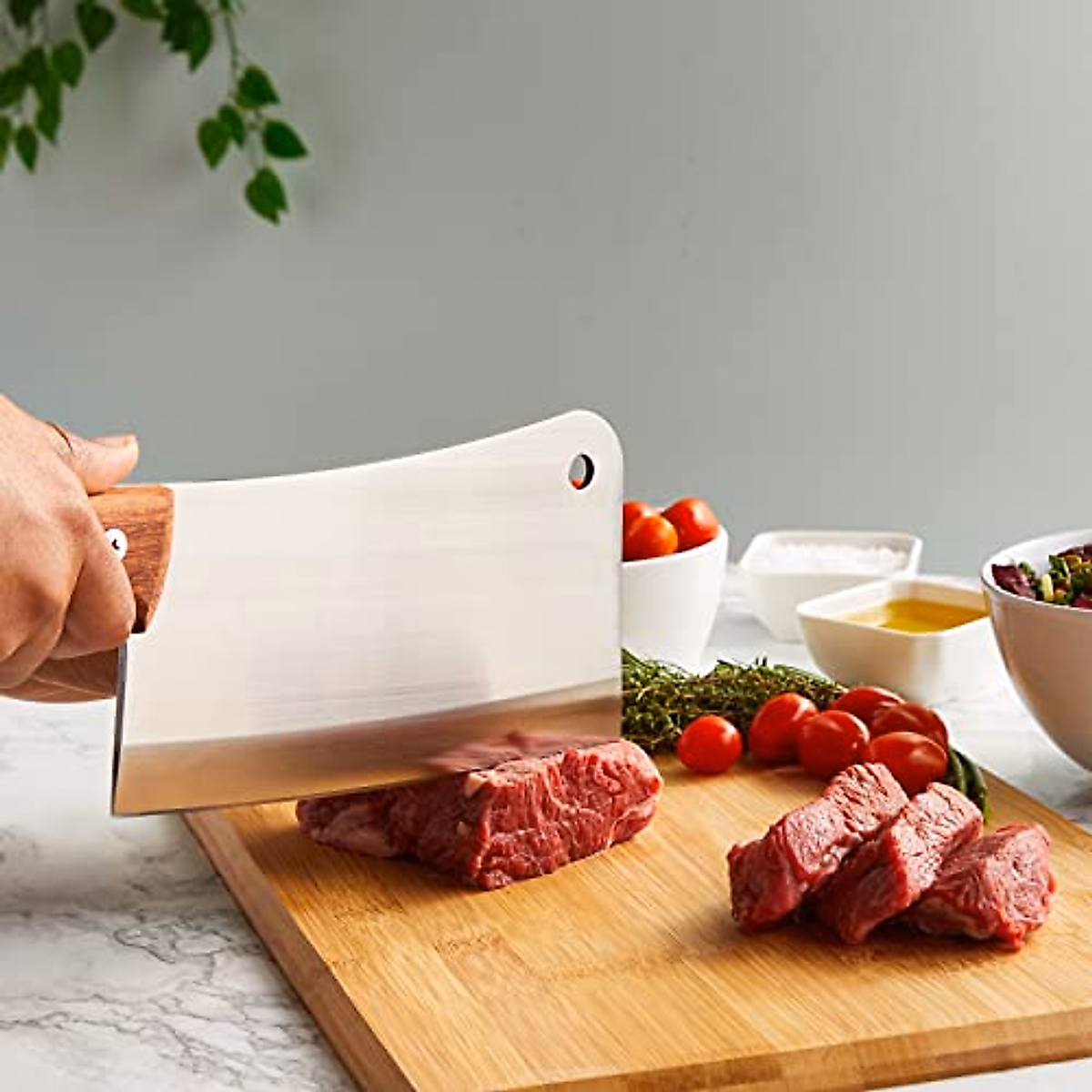 Juvale Stainless Steel Meat Cleaver Knife with Wooden Handle, Heavy Duty Bone Chopper for Butcher, Slicing Vegetables (8 In)