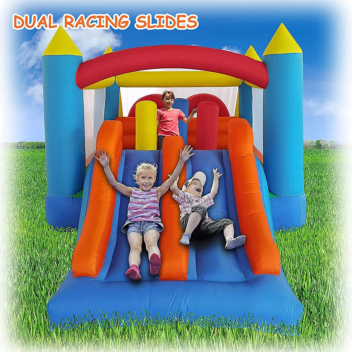 HuaKastro 16.3x7.2FT Kids Inflatable Obstacle Bounce House with Dual Racing Slides, Crawl Tunnels, Climbing, Obstacles, Jumping All in One Castle Great for Children's Outdoor Party - with Blower
