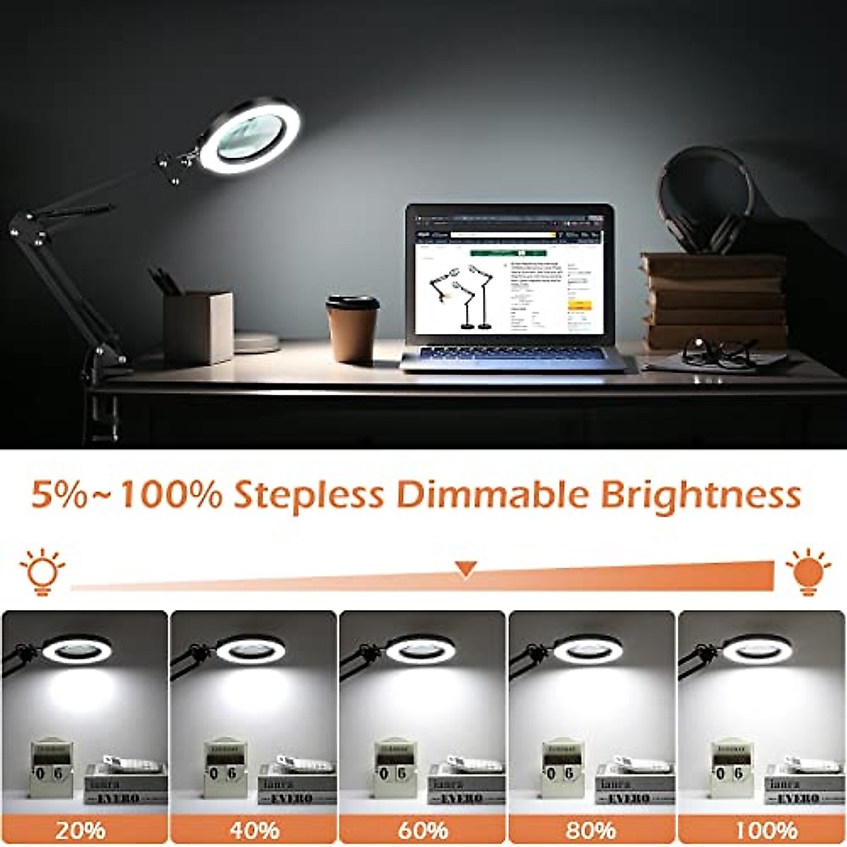 5X Magnifying Glass with Light and Stand, Krstlv LED 5 Color Modes, Stepless Dimmable Magnifying Floor Lamp, 3-in-1 Adjustable Swing Arm Lighted Magnifier Lamp with Clamp for Reading, Craft, Esthetic