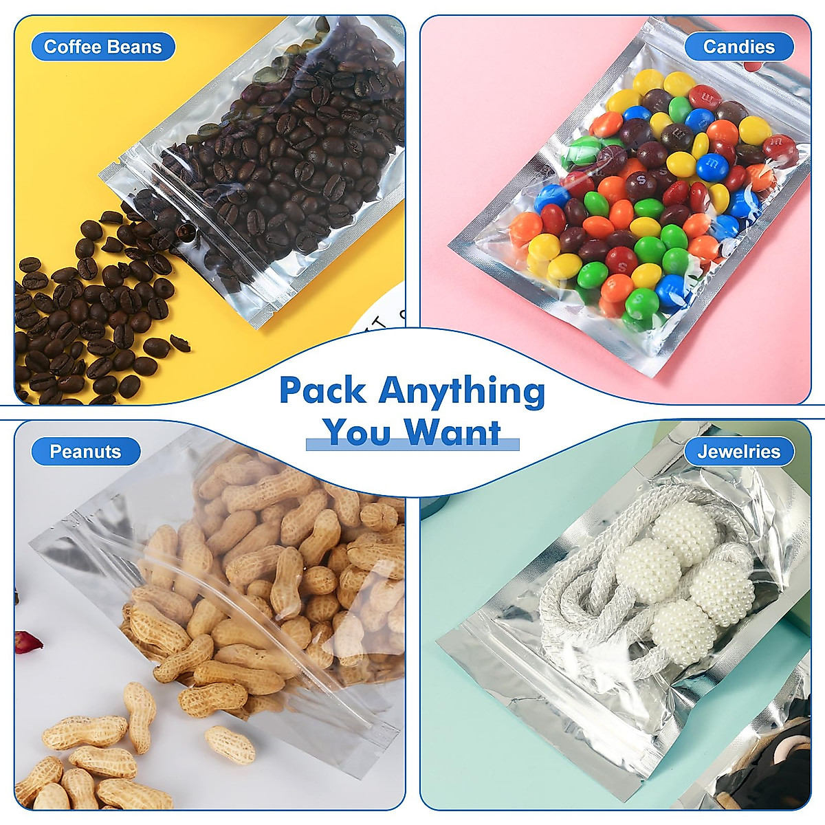 100-Pack Reclosable Large Mylar Bags for Food Storage 6.3" x 9.5" Stand Up Ziplock Pouch Bags Bulk Resealable Smell Proof Aluminum Silver Foil Bags with Clear Window Kitchen Storage Edible Packaging