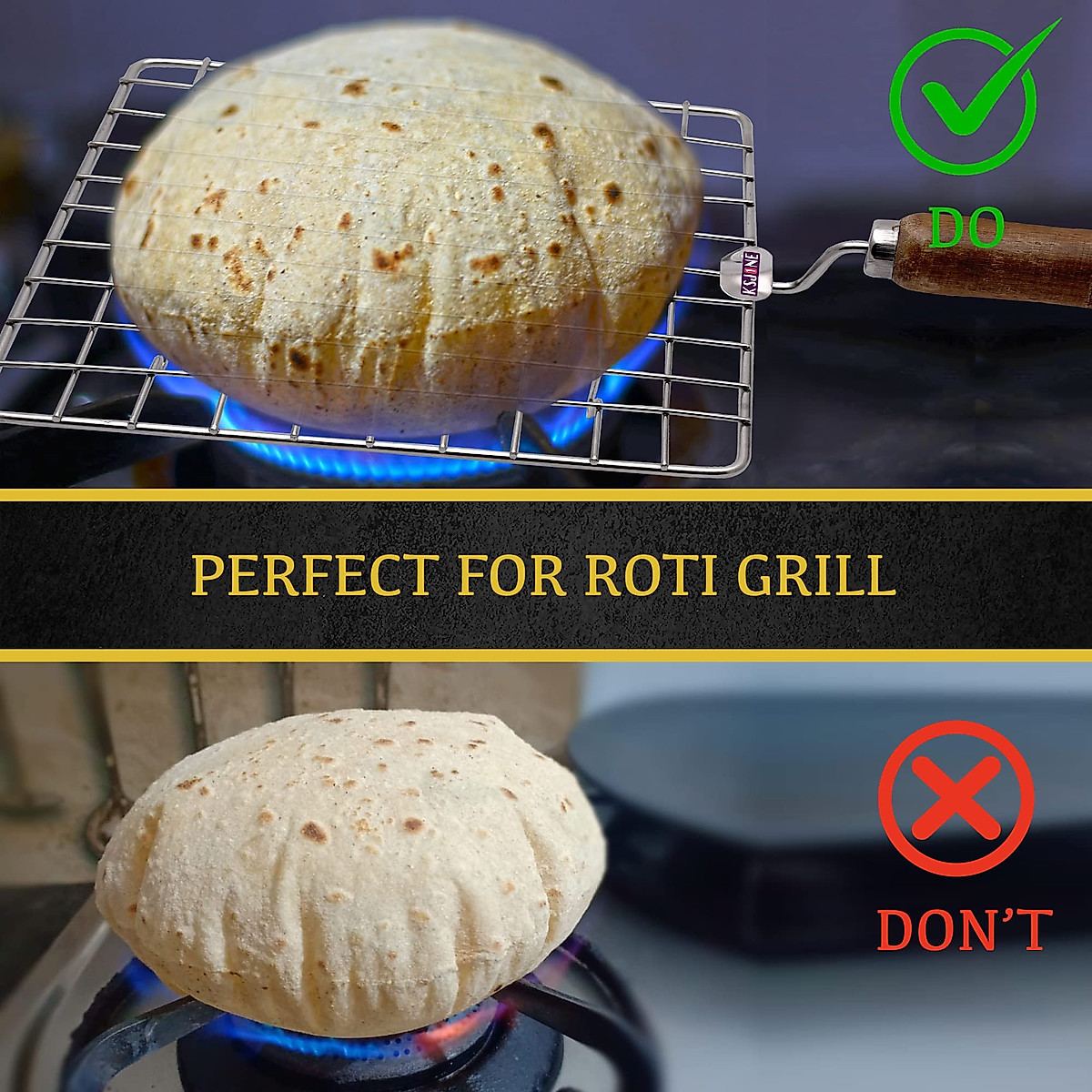 KSJONE Stainless Steel Multi-Functional Wire Steaming Cooling and Baking Barbecue Rack Square Wire Roaster Rack/Papad Jali/Roti Grill Round Shape with Wooden Handle