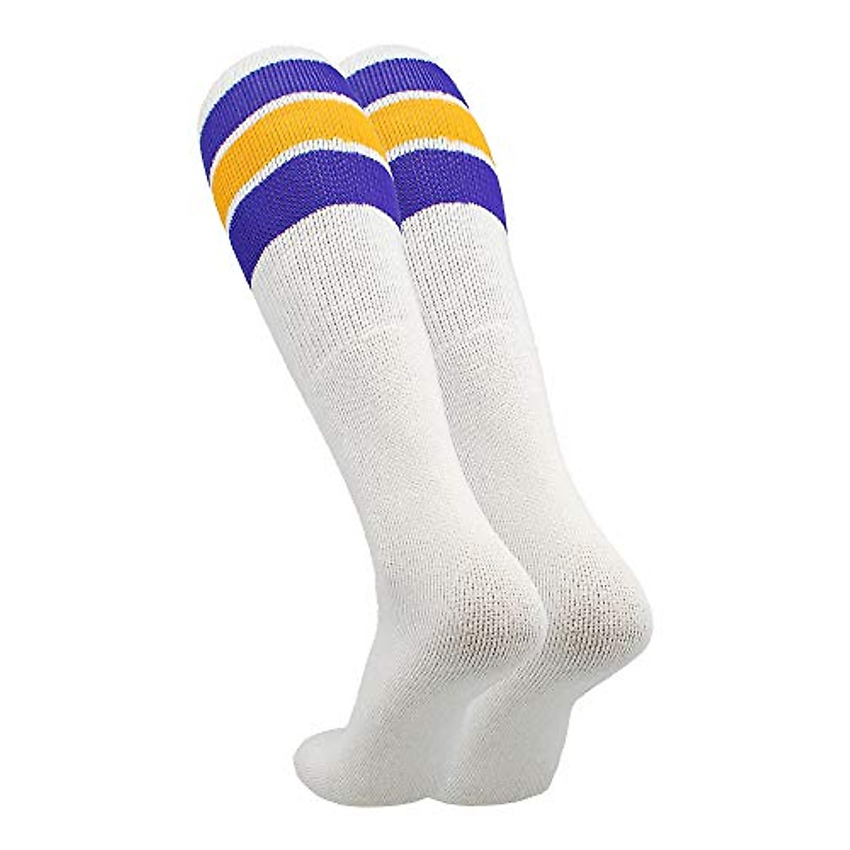 TCK Retro 3 Stripe Tube Socks (Purple/Gold, Medium)