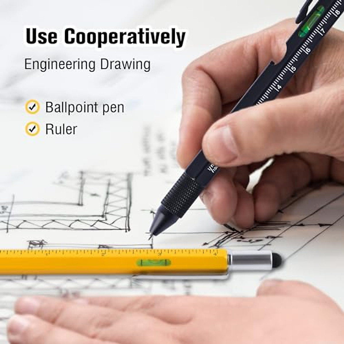 SIMGOAL 2 Piece Multi-tool Pen set,Unique Gifts for Dad-4"Ruler, Level, LED Light, Ballpoint pen, Flat/Phillips Screwdriver, Bottle Opener and Touchscreen Stylus.