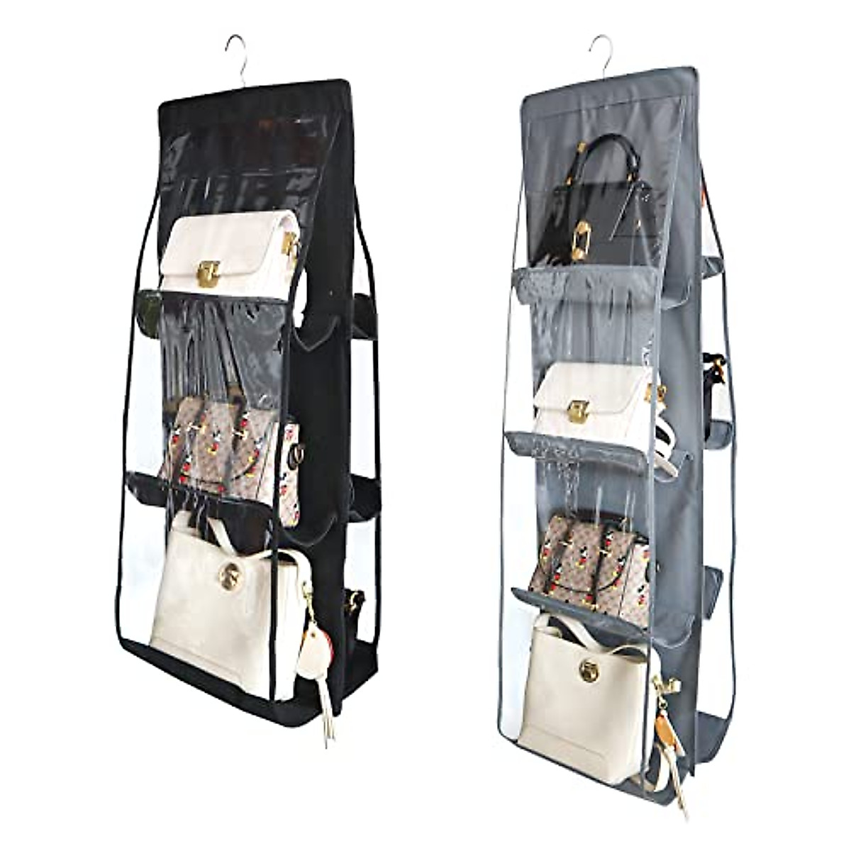 LEEFONE 2 Pack Hanging Handbag Purse Organizer, Dust Proof Storage Holder Bag Wardrobe Closet Space Saving Organizers System, Washable, 1 PC x 8 Pockets + 1 PC x 6 Pockets (Grey + Black)
