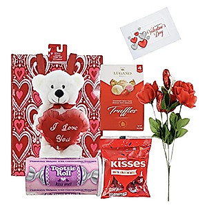 Valentines Day Gift Basket | 10 Inches Teddy Bear Plush |Tootsie Roll Kiss Me Banks | Hershey's Milk Chocolate Kisses | Lugano Strawberry Creme Filled White Chocolate Truffles | Artificial Red Rose Bouquets with Sparkly Hearts | V- Gift Bag and Card inclu