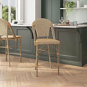 Flash Furniture Lourdes Commercial Grade Bistro Counter Stool, Stackable Indoor/Outdoor Dining Stool, 26"High, Natural/White-Light Natural Finish, Set of 2