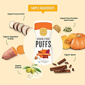 Serenity Kids 6+ Months Grain Free Puffs Toddler & Baby Snack | No Added Sugar, Gluten & Rice Free, Allergen Free | Made with Organic Cassava, Veggies, and Herbs | Pumpkin & Cinnamon | 6 Count