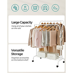 SONGMICS Clothes Rack, Double-Rod Clothing Rack with Wheels, Heavy-Duty Metal Frame, Garment Rack, 220 lb Max. Total Load, 40.7 Inches Wide, Clothes Storage and Display, White UHSR107W01