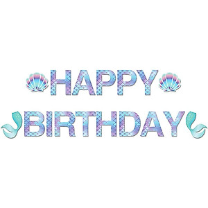 Happy Birthday Banner Mermaid Pre-assembled, Mermaid Birthday Decoration for Girls, Mermaid Party Supplies for Mermaid/Under The Sea Animal Themed Birthday Party, Baby Shower
