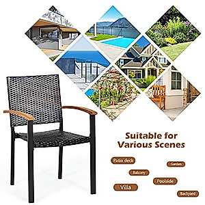 RELAX4LIFE Patio Rattan Dining Chairs Set Wicker Chairs with Steel Frame, Acacia-Covered Armrests Fire Pit Chairs for Porch, Poolside, Balcony, Lawn Indoor&Outdoor Furniture Armrest Chairs Set (4)