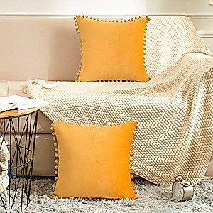 BeBen Decorative Throw Pillow Covers with Pom Poms, Pack of 2 Soft Particles Velvet Pillow Cases Square Cushion Covers for Couch Bedroom Car Sofa Outdoors 16x16 Mustard Yellow,2 Count (Pack of 1)
