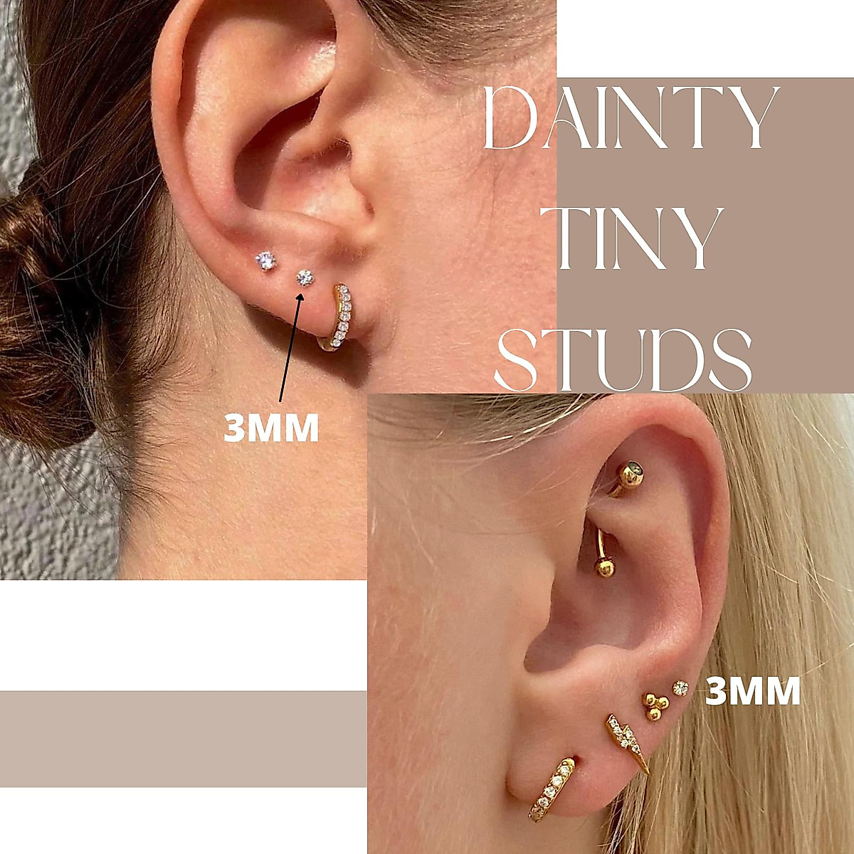 Tiny 3mm CZ Stud Flat Back Earrings for Women 14k Gold | Cartilage Earring Helix Tragus Conch Piercing Jewelry | Screw Back Gold Stud Earrings for Women