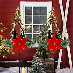 FORUP Christmas Pathway Lights, Outdoor LED Solar Powered Xmas Trees Pathway Lights, Metal Garden Stake Lights, Poinsettia Solar Christmas Yard Decorations, Set of 2