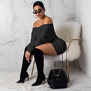 GOKATOSAU Women's Sexy Casual Off Shoulder Long Sleeve Lace Up Loose Club Mini Dress Black
